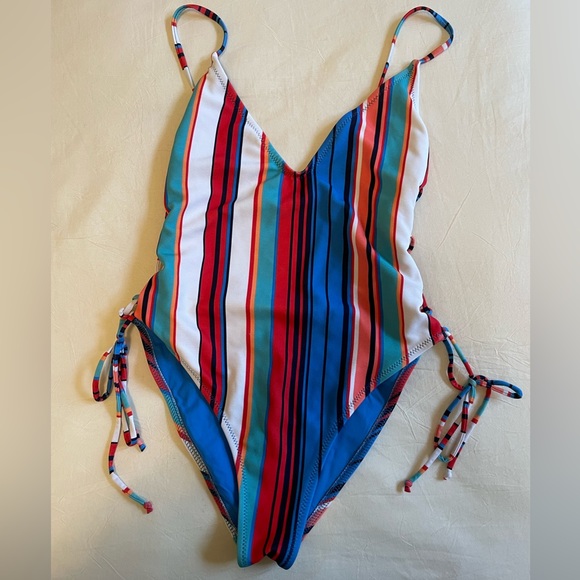 Zara | Swim | Zara Striped One Piece Swimsuit With Lace Up Tie Details ...